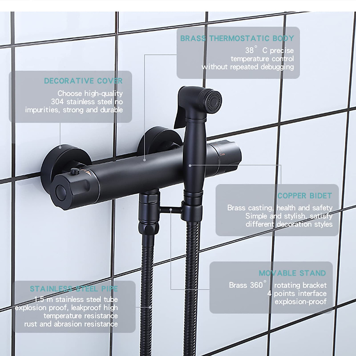 GeRRiT Handheld Bidet Sprayer for Toilet, Bathroom Thermostatic Bidet Shower Set, Wall Mounted Bidet Faucet with Hot and Cold Water, Brass Toilet Bidet Attachment, Black