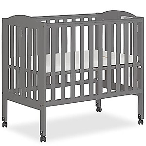 Dream On Me 2-in-1 Portable Folding Stationary Side Crib in Storm Grey, Greenguard Gold Certified, Two Adjustable Mattress Height Positions,Made of Solid Pinewood, Flat Folding Crib