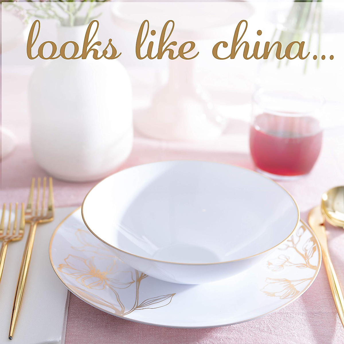 PLASTICPRO [16 OZ 20 Count] White Plastic Floral Design Party Soup bowls With Gold Rim Premium heavyweight Elegant Disposable Tableware Dishes