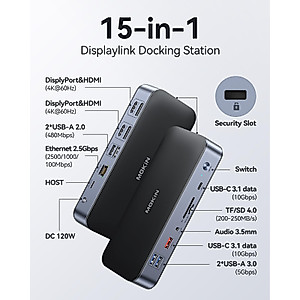DisplayLink Laptop Docking Station Dual Monitor, USB C Dock with 120w Power, USB C Docking Station with 2 HDMI, 2 DisplayPort,2.5Gbps Ethernet,USB 3.1/3.0/2.0, SD/TF for MacBook Pro/Air/Dell/HP/Lenovo