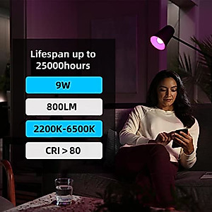 A19 Smart LED Light Bulbs 9W 800LM WiFi & Bluetooth, Compatible with Alexa & Google Assistant, RGB 2200K-6500K Dimmable Color Changing, Group Control, No Hub Required, 4 Pack