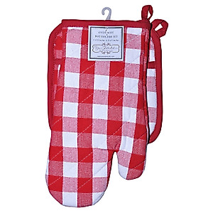 Yourtablecloth Set of Checkered Oven Mitt and Pot Holder or Oven Gloves-100% Cotton, Heat Resistance, Superior Protection & Comfort–Gingham Design-Machine Washable Red and White