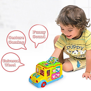 fisca Intellectual Musical School Bus, Learning Educational Toys for Baby & Toddler, Electronic Car with Lights for 1 2 3 Year Old Boys and Girls
