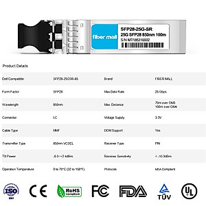 25G SFP28 SR for Dell SFP28-25G-SR,Compatible 10/25GBASE-SR SFP28 850nm 100m DOM LC MMF Optical Transceiver Module