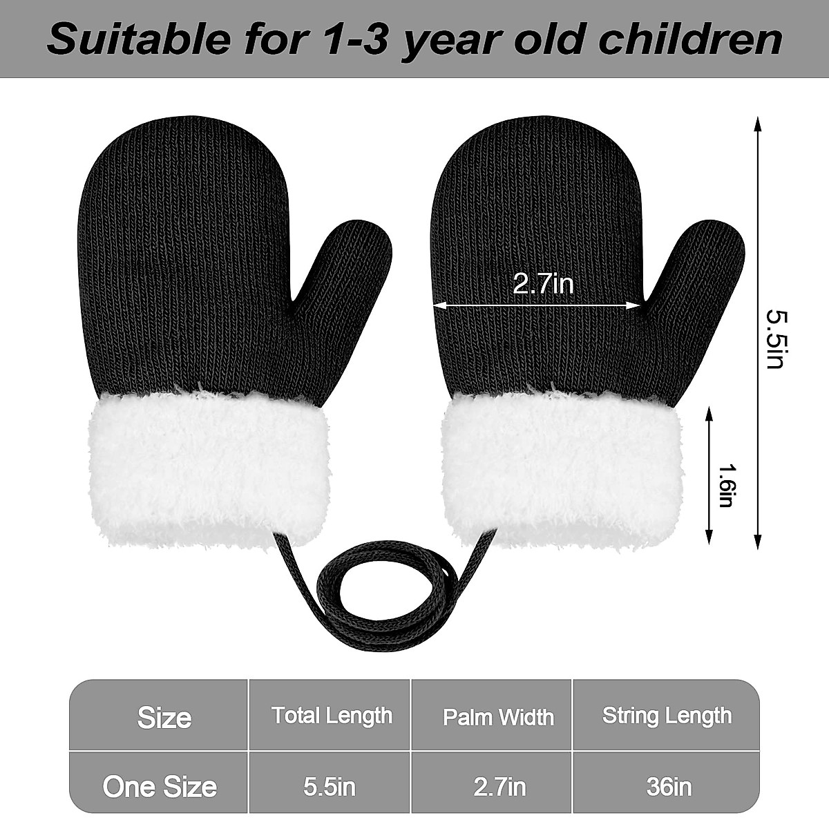 ONESING 2 Pair Toddler Mittens Baby Mittens Toddler Gloves Newborn Mittens Warm Gloves Knit Gloves Winter Gloves for baby Girls Boys, Black, Grey