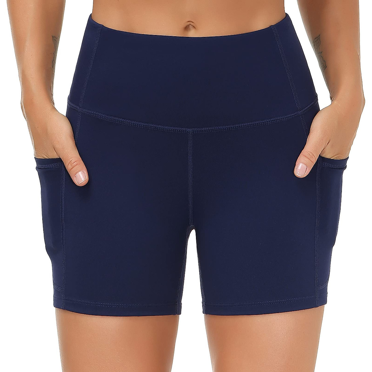 THE GYM PEOPLE High Waist Yoga Shorts for Women's Tummy Control Fitness Athletic Workout Running Shorts with Deep Pockets (Small, Blue)