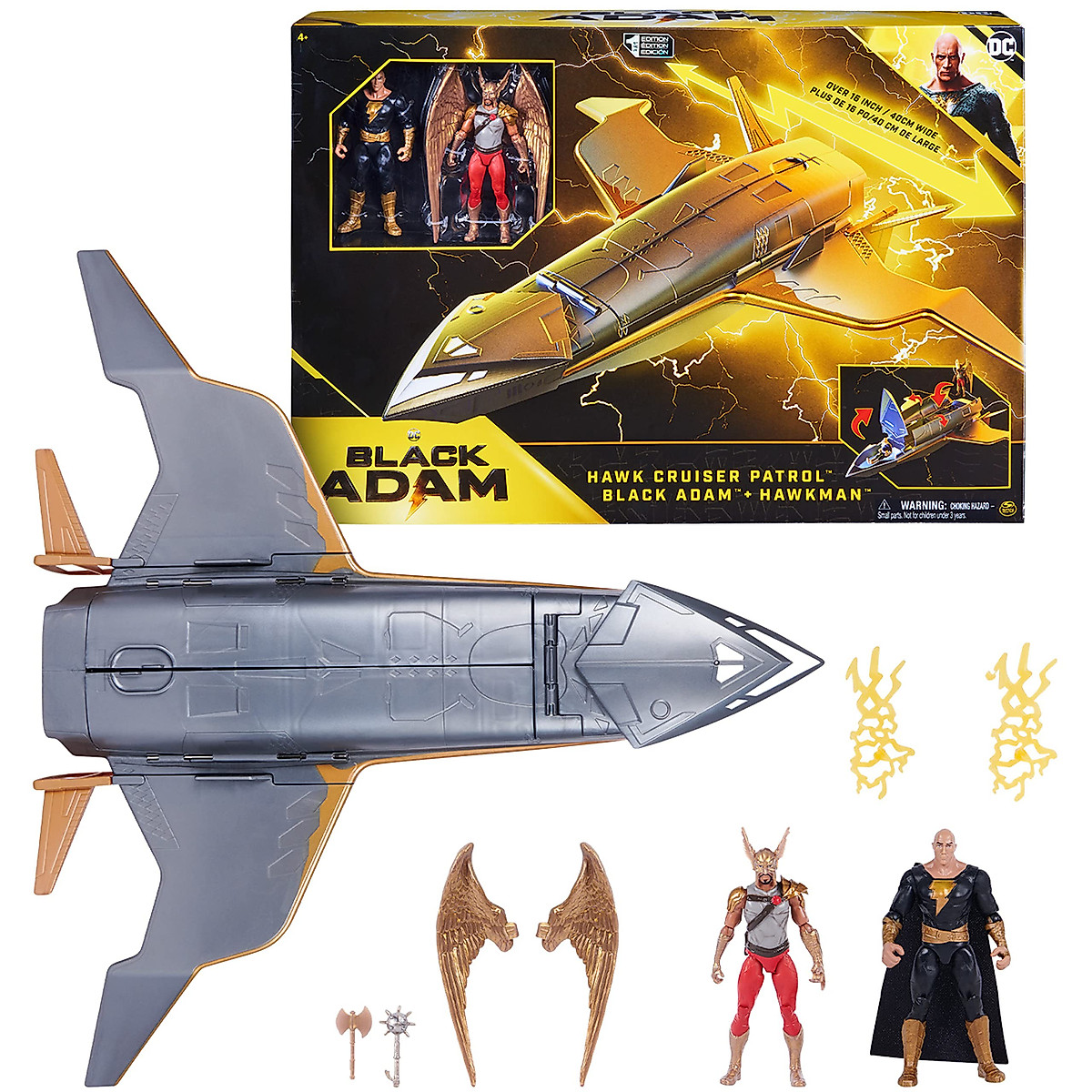 DC Comics, Hawk Cruiser Patrol, Includes Black Adam and Hawkman Action Figures, Over 16-inch Wide, First Edition, Super Hero Kids Toys for Boys and Girls Aged 4 and Up