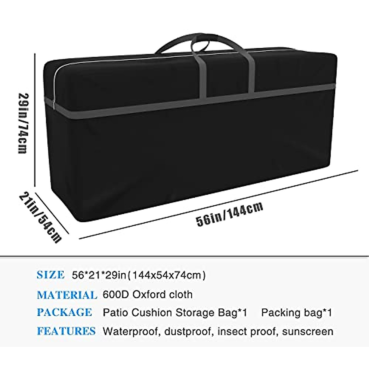 MBOOM Patio Cushion Cover Set - All Season, Quick Dry Low Maintenance Outdoor Furniture Accent Piece (Black, 56x21x29in)