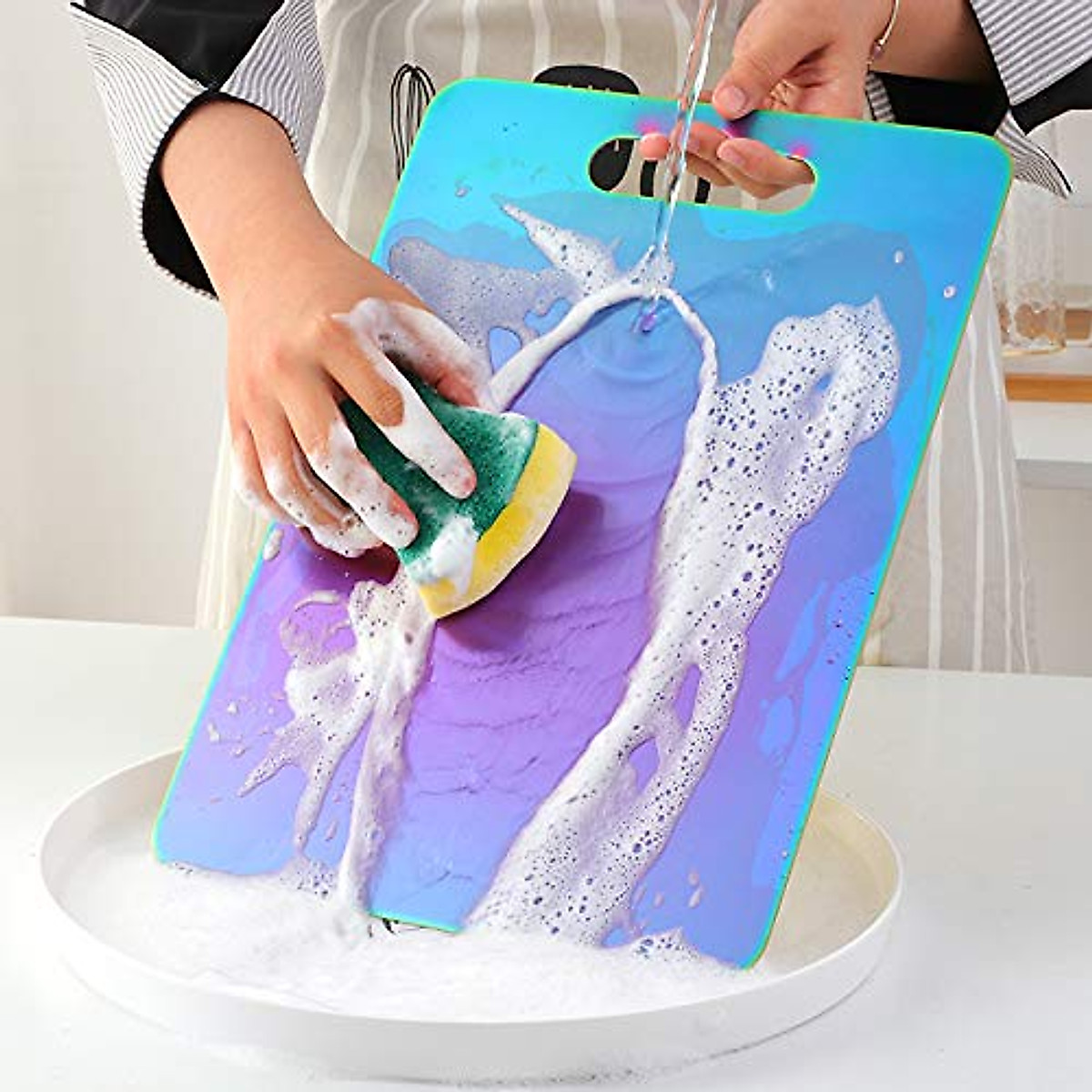 Baikai Kitchen Cutting Board, Stainless Steel Rainbow Durable Chopping Board, Butcher Block Board with Easy Grip Handle for Meat, Fruit, Vegatable, Cheese (14 x 10 inch)