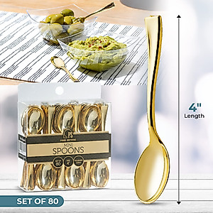 Gold Plastic Mini Dessert Spoons, Disposable Tiny Gold Spoons for Appetizers Tasting Posh Setting, 4 inch 80 Count
