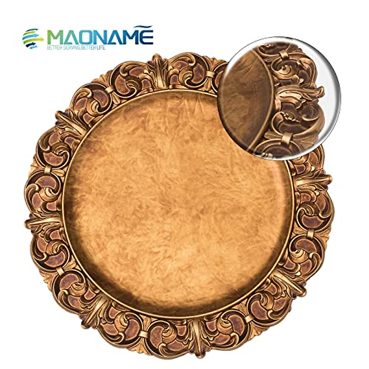 MAONAME 14" Antique Gold Charger Plates with Embossed Rims, Set of 6, Plastic Plate Chargers for Dinner Plates, Table Setting