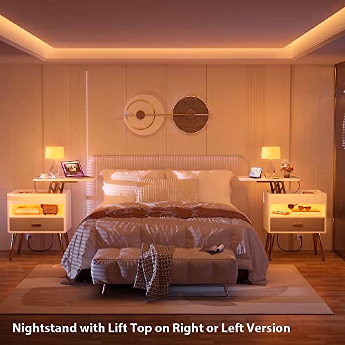 Cyclysio 35 Inches Nightstand with Reversible Lift Top, Large Night Stand with LED Lights, Tall Bedside Table with Charging Station, High End Side Table for Bedroom, Sofa Side, Living Room, White