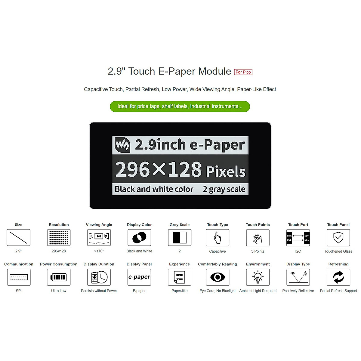 waveshare 2.9inch Capacitive Touch e-Paper Module for Raspberry Pi Pico, 296×128 Pixels, Black/White Two-Color, SPI / I2C Interface, Support Partial Refresh