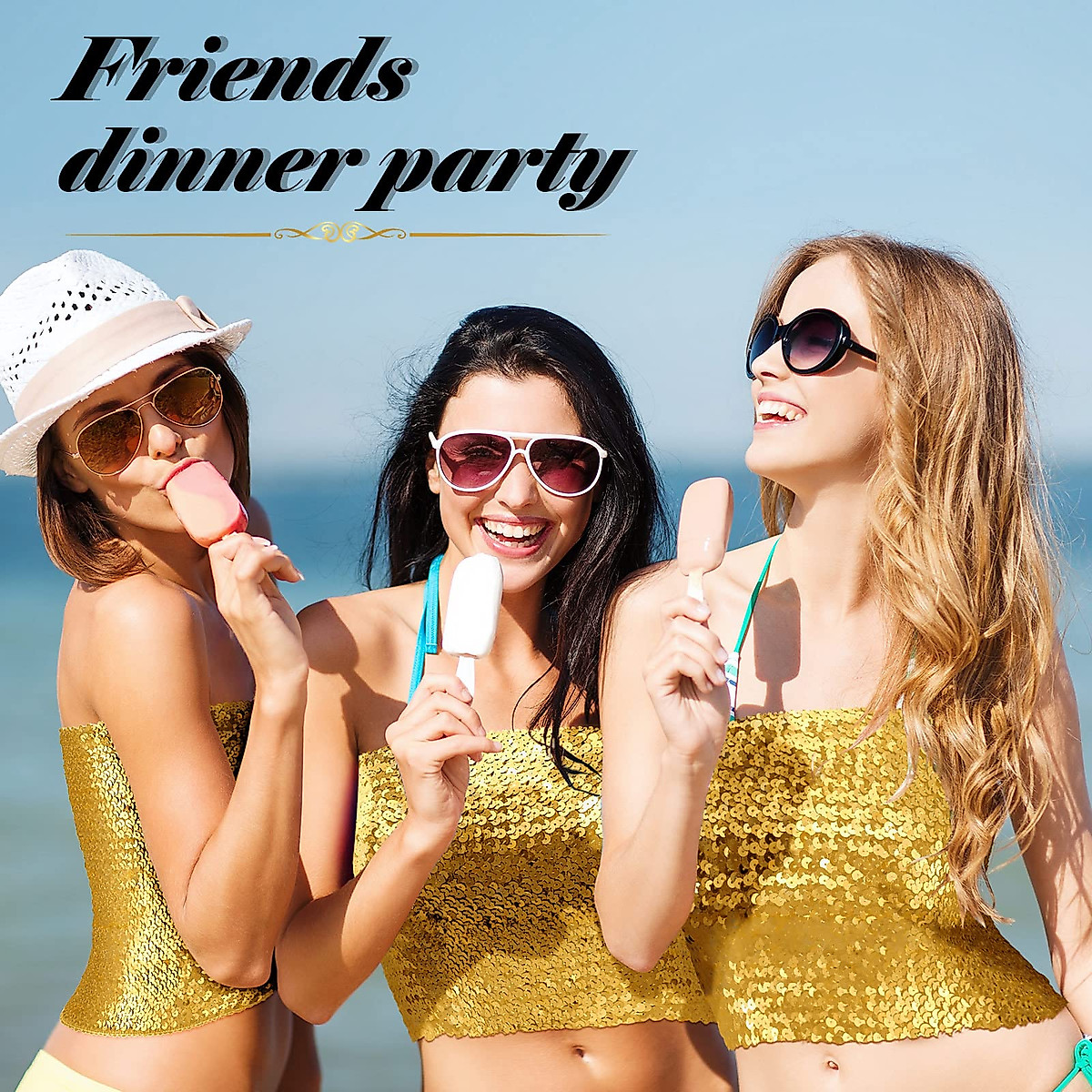 Women's Sparkly Sequin Crop Tops Strapless Metallic Tube Tops with Metal Mesh Drop Dangle Earrings for Party Clubwear (Gold)