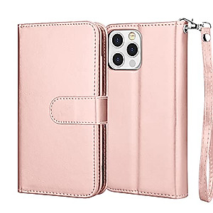 NJJEX Compatible with iPhone 13 Pro Case/iPhone 13 Pro Wallet Case 6.1" (2021), [9 Card Slots] PU Leather ID Credit Holder Folio Flip [Detachable] Kickstand Magnetic Phone Cover & Lanyard [Rose Gold]