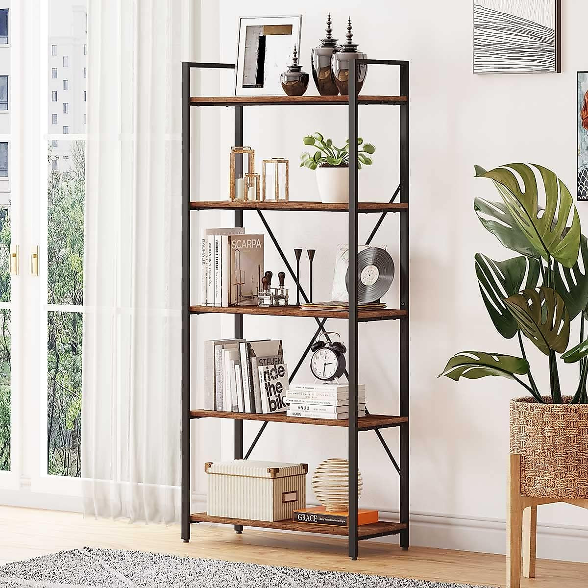 BON AUGURE Rustic Console Table with Shelves and Industrial Bookshelf Etagere, Wood and Metal Furniture Set for Living Room, Bedroom, Kitchen, Home Office (Rustic Oak)