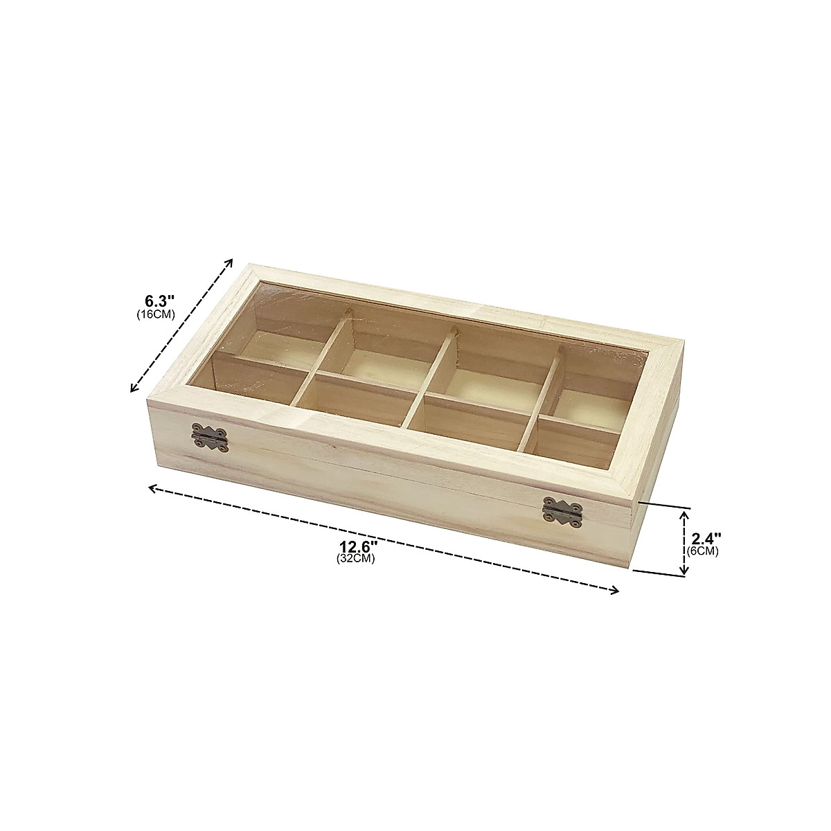 Cregugua 2 Pack Unfinished Wooden Box with Glass Lid, Wood Jewelry Storage Tray Box,8 Compartment Organizer 12.6 x 6.3 x 2.4 In