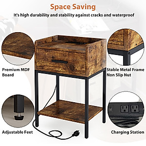 Fixwal Nightstand with Charging Station, Bedside Table with USB Ports and Outlets for Bed, 3-Tier End Table with Drawer Storage for Living Room Bedroom, Rustic Brown