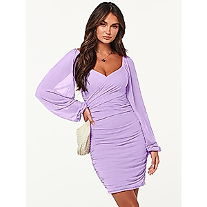 ANRABESS Women's Sexy V Neck Ruched Bodycon Mini Dress Puff Long Sleeve Cocktail Wedding Party Short Dresses 955danzi-S Purple