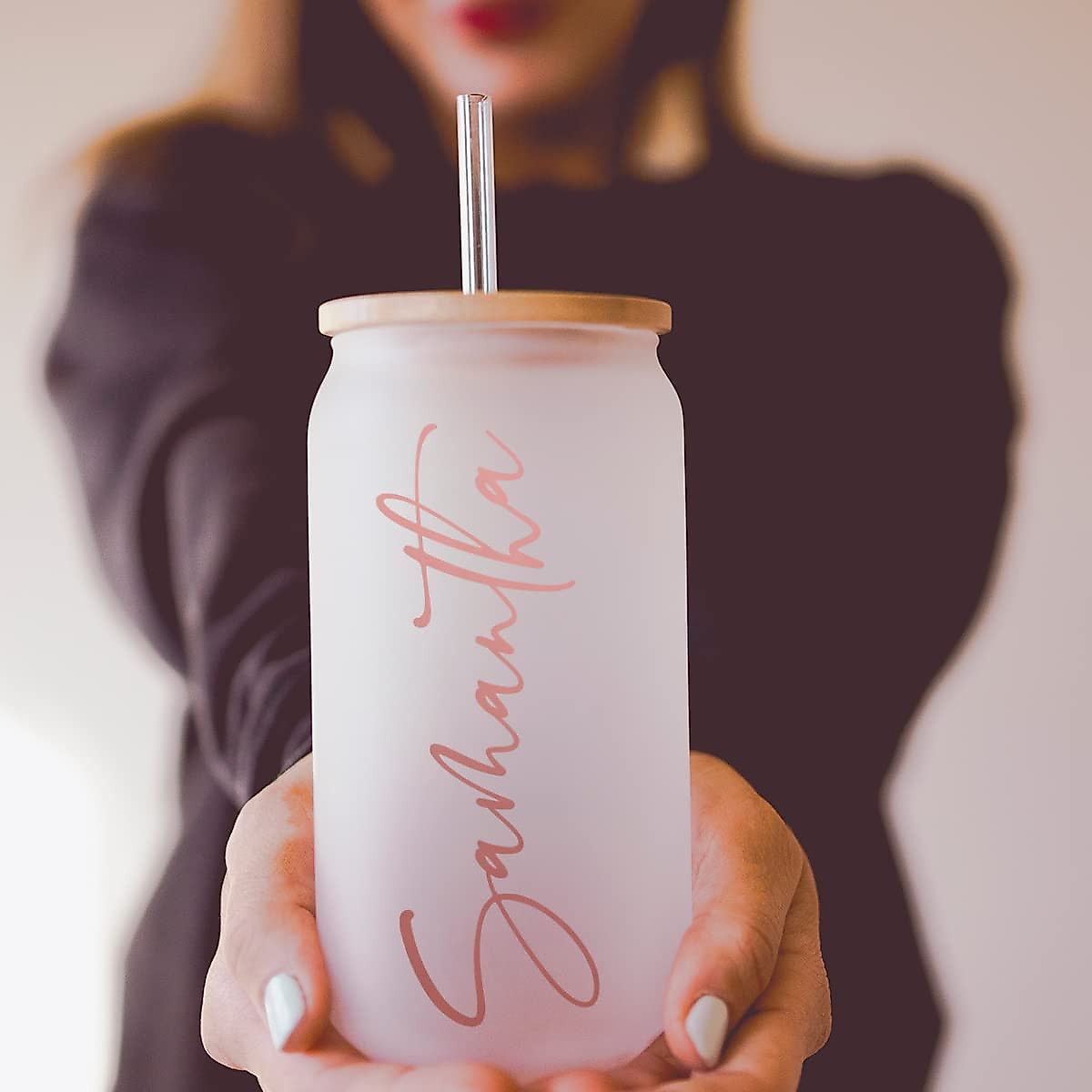 Personalized Tumbler Personalized Glass Tumbler with Birth Flower, Custom Glass Cup with Lids and Straws, Personalized Coffee Tumbler, Personalized Gift (Name Glass Tumbler)