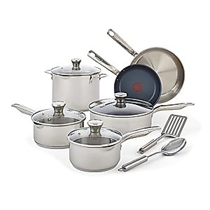 T-fal Platinum Stainless Steel with Nonstick Pan Cookware Set 12 Piece Induction Pots and Pans, Dishwasher Safe Silver