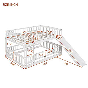 Harper & Bright Designs Full Over Full Low Bunk with Slide,Low Bunk Bed with Ladder,Wooden Bunk Bedframe with Fence for Toddler Kids Teens,No Box Spring Needed (White)