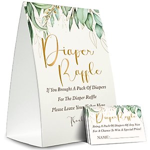 Diaper Raffle Sign,Diaper Raffle Baby Shower Game Kit (1 Standing Sign + 50 Guessing Cards),Greenery Insert Ticket,Baby Showers Decorations,Card for Baby Shower Game to Bring a Pack of Diapers-XN32