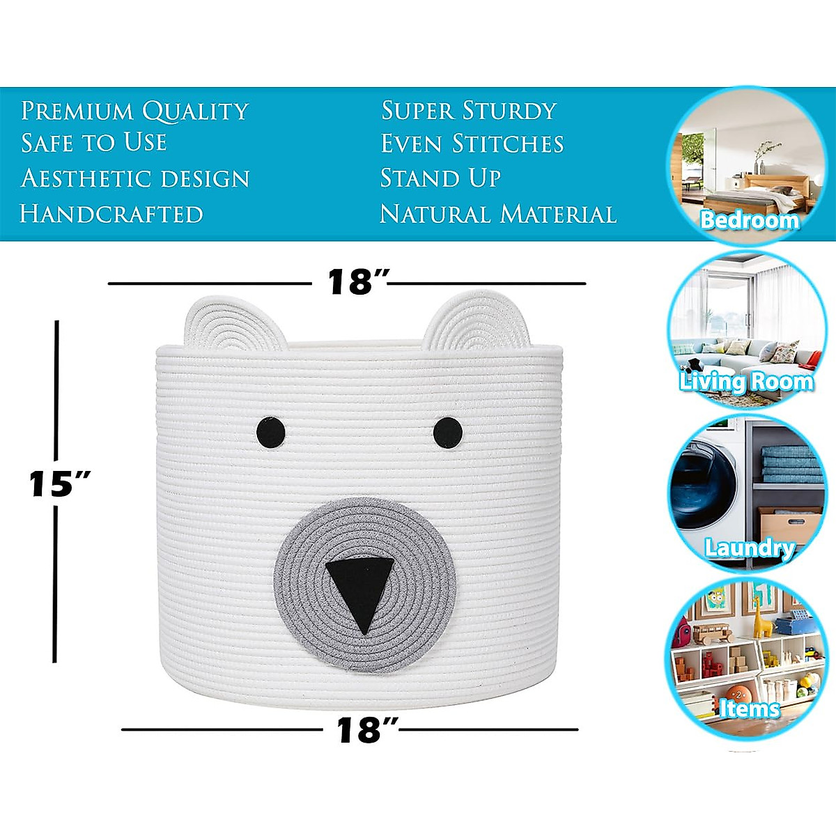 Bear Basket, Animal Basket, Large Cotton Rope Basket, Large Storage Basket, Woven Laundry Hamper, Cloth Storage Bin, for Clothes in Bedroom (White, 18"x15")