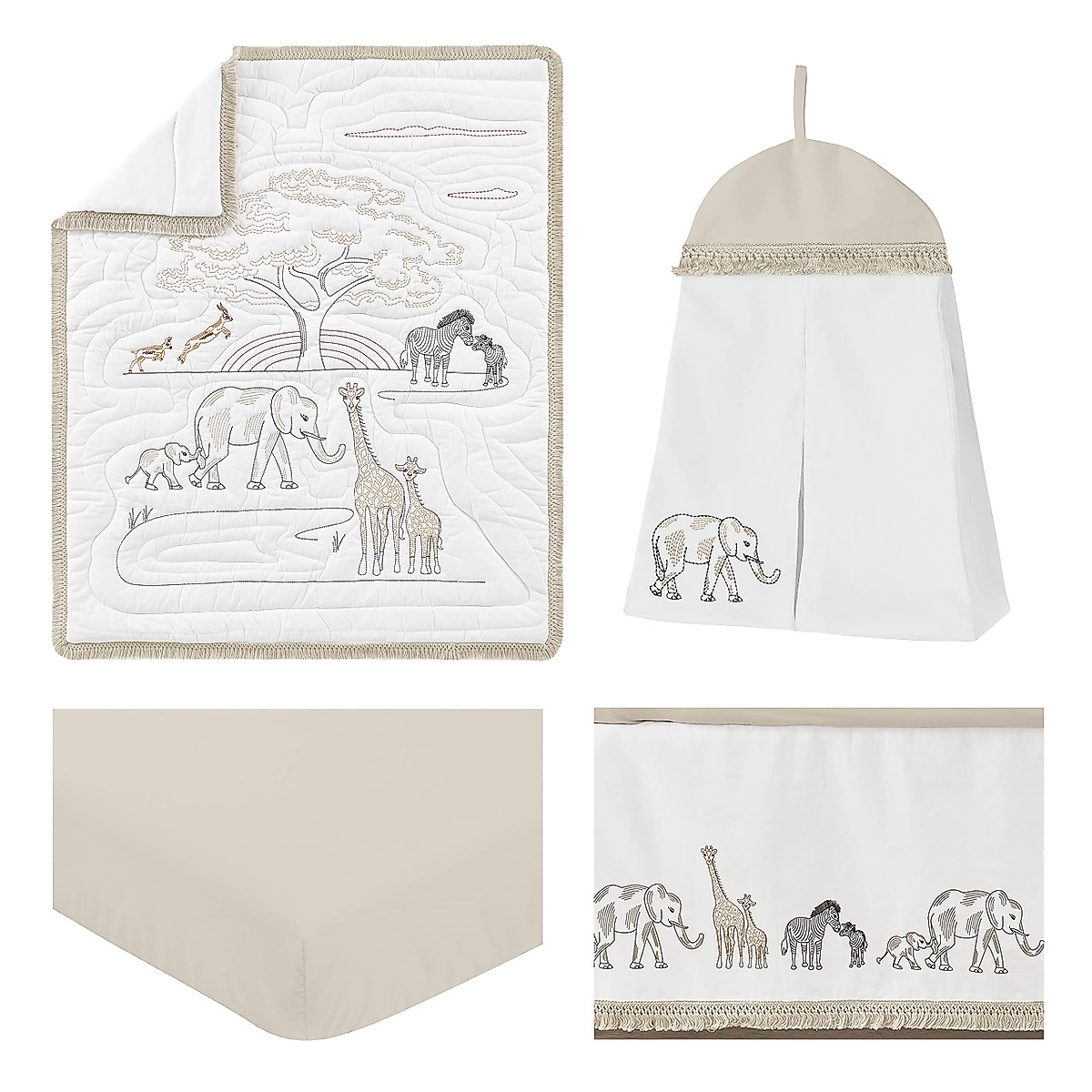 Sweet Jojo Designs Jungle Safari Animals Baby Boy Girl Nursery Crib Bedding Set Beige Brown Taupe Black and White Gender Neutral Animal Elephant Giraffe Wildlife Adventure Serengeti