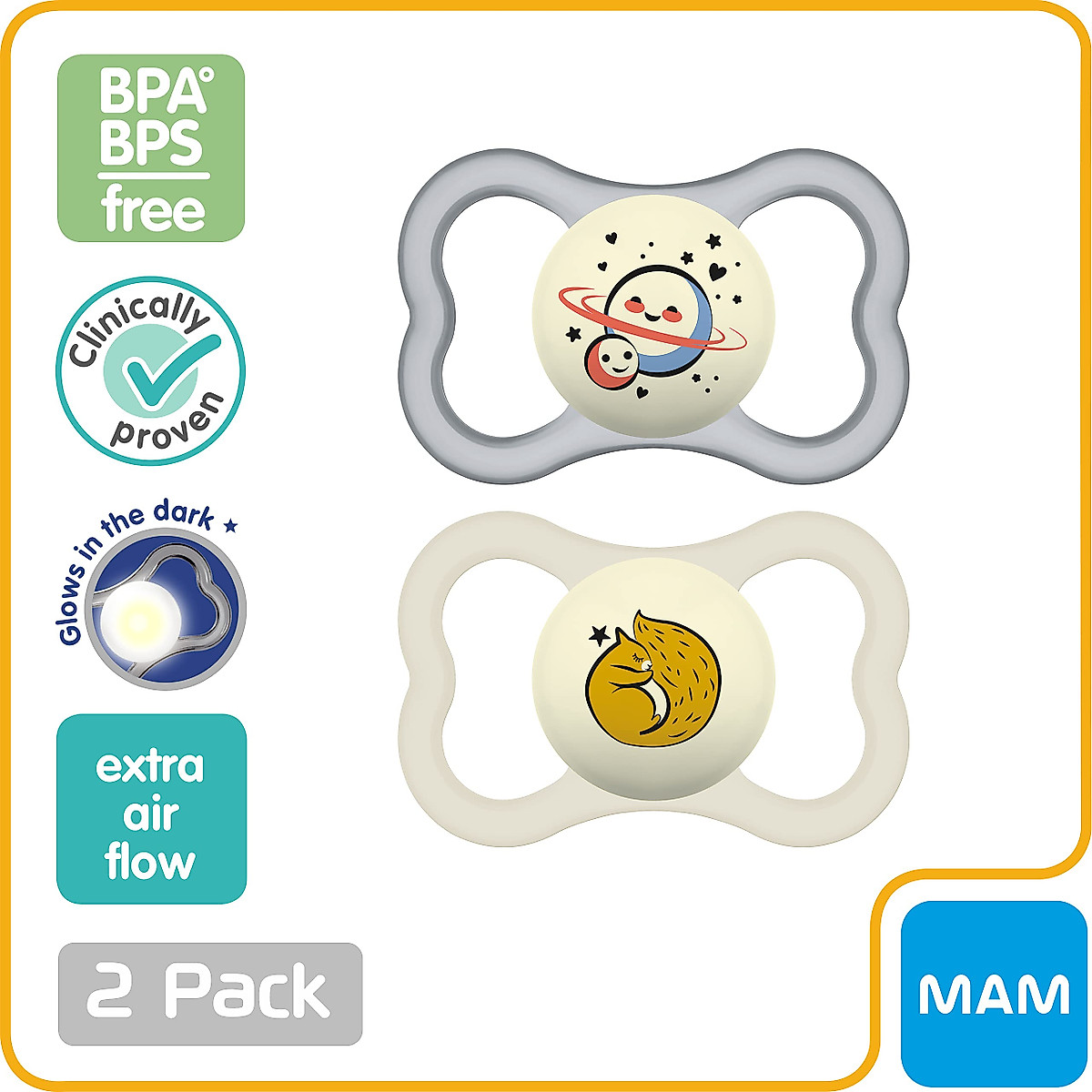 MAM Supreme Night Baby Pacifier, for Sensitive Skin, Patented Nipple, 2 Pack, 16+ Months, Unisex,2 Count (Pack of 1)