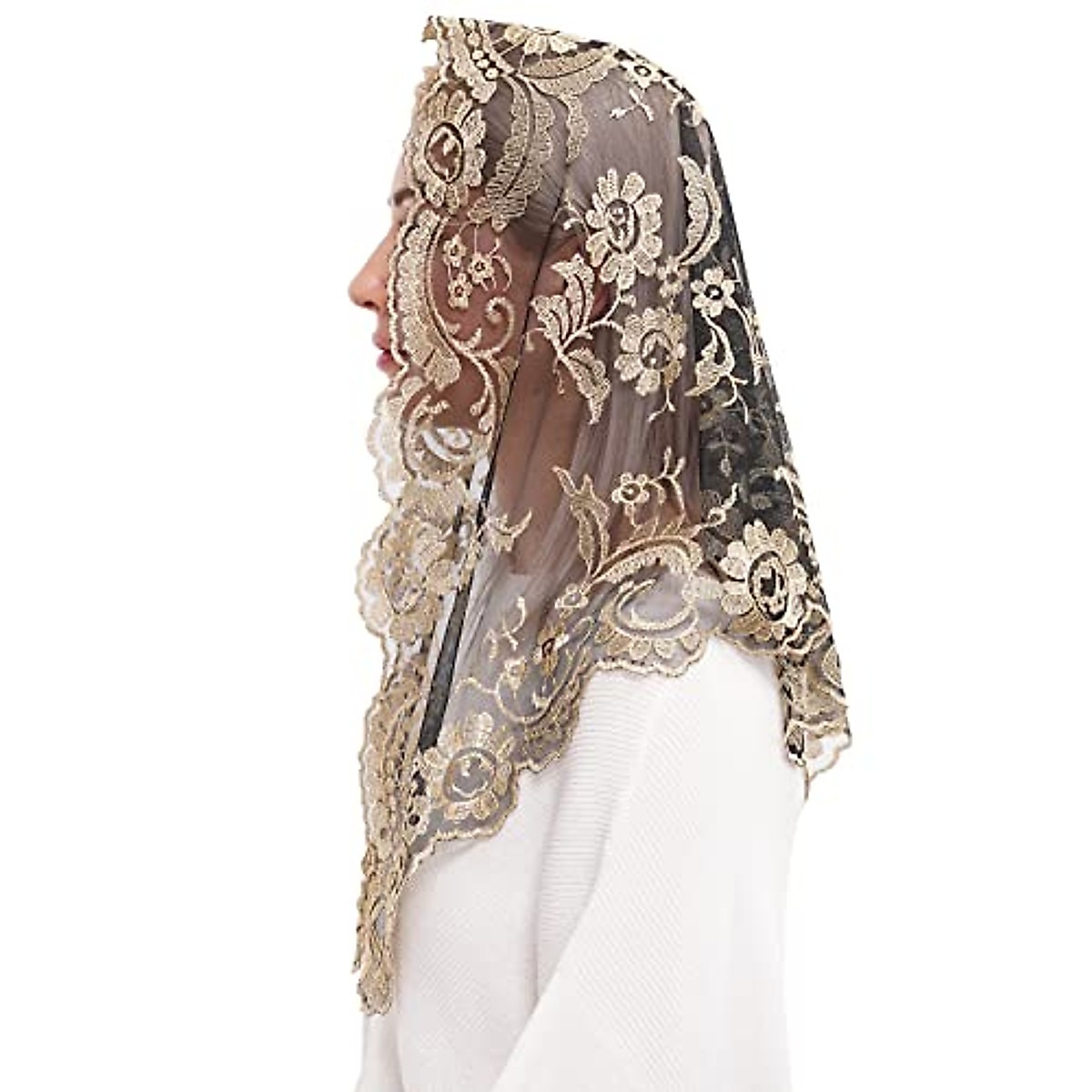 Spanish Mantilla Embroidery Lace Veils Catholic Church Mantillas Chapel Scarf Lace Mass (black and gold), 120cm*60cm