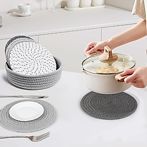 8" Trivets for Hot Dishes, Hot pots and Pans,6 Heat Resistant Hot Pads and Storage Basket 1 Pack,Pot Holders for Kitchen, Hot Plate Mats for Kitchen Countertops, Table, Home Essentials, Farmhouse Deco
