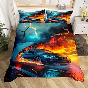 Erosebridal Race Car Duvet Cover Twin,Golden Flame Racing Car Bedding Set for Kids Boys Girls,Sports Car Lightning Comforter Cover Lightweight,Storm Automobile Quilt Cover with 1 Pillow Sham