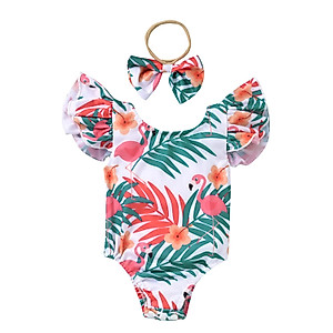 MINIFEIKO Toddler Baby Girl Tropical Swimsuit Newborn Girls One Piece Ruffle Bathing Suit with Headband Summer Bikini Swimwear for Infant Girls(Palm Leaf,12-18 Months)