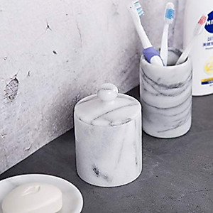 Creative Home Natural Marble Spa Collection Cotton Ball Swab Holder, Bathroom Countertop Storage Jar Container Organizer, Off-White (Color May Vary)