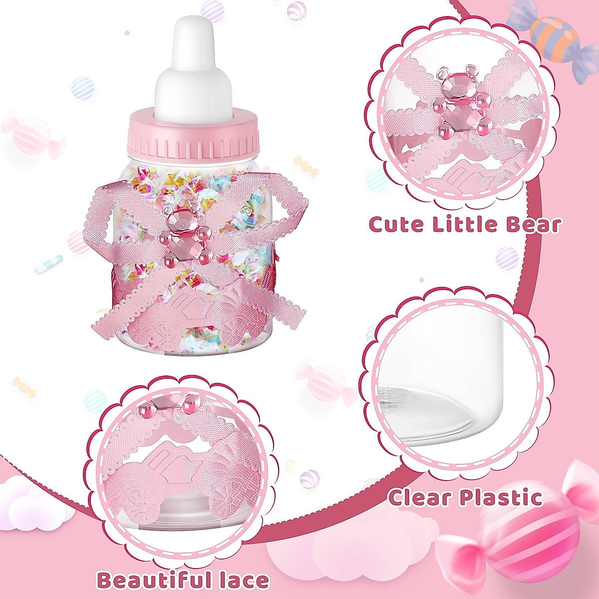 Nuenen 36 Pcs Baby Shower Bottles Baby Shower Mini Milk Bottle Plastic Bear Mini Baby Bottles for Baby Shower Candy Bottles with Ribbon for Baby Shower Favor Gift (Pink)
