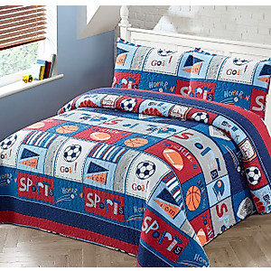 Better Home Style Red White and Blue Varsity Sports Themed Kids/Boys/Toddler Coverlet Bedspread Quilt Set with Pillowcases and Football Soccer and Basketball Imagery # MVP Sport (Queen/Full)