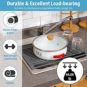 ATTSIL Roll-Up Dish Drying Rack, Multifunctional Rollable Over Sink Dish Rack with Utensil Holder, Foldable Silicone Wrapped Steel Drain Rack for Kitchen Sink Counter, 16.85"(L) x 12"(W)