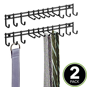 mDesign Closet Wall Mount Metal Accessory Organizer and Storage Center - Modern Slim Holder for Womens and Mens Ties, Belts, Scarves, Sunglasses, Watches - 12 Hooks, 2 Pack, Matte Black