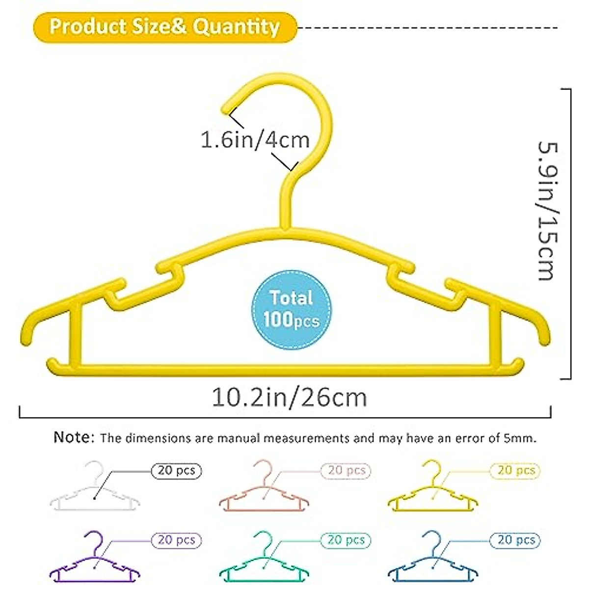 Mosearon Baby Hangers 120Pcs Kids Hangers,Plastic Hangers Non Slip, Clothes Hanger, Toddler Hangers, Infant Hangers, Child Hangers for Nursery, 120 Pcs,Pink Blue Yellow White Purple Green