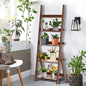 DOUSY-5-Tier Ladder Shelf Bookcase, Bamboo Ladder Bookshelf Leaning Bookshelf, Freestanding Storage Shelf Boho Bookshelf for Living Room, Home Office, Bedroom, Balcony, Walnut