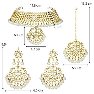 Aheli Kundan Pearls Designer Necklace Earrings Maang Tikka Set Indian Traditional Ethnic Engagement Wedding Party Wear Jewelry for Women
