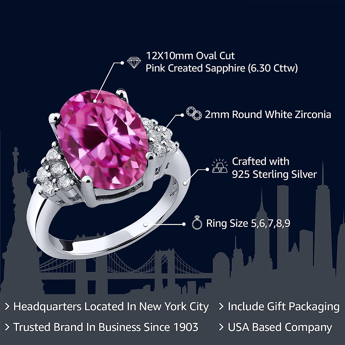 Gem Stone King 925 Sterling Silver Pink Created Sapphire Ring For Women (6.30 Cttw, Oval 12X10MM, Available 5,6,7,8,9) (Size 6)