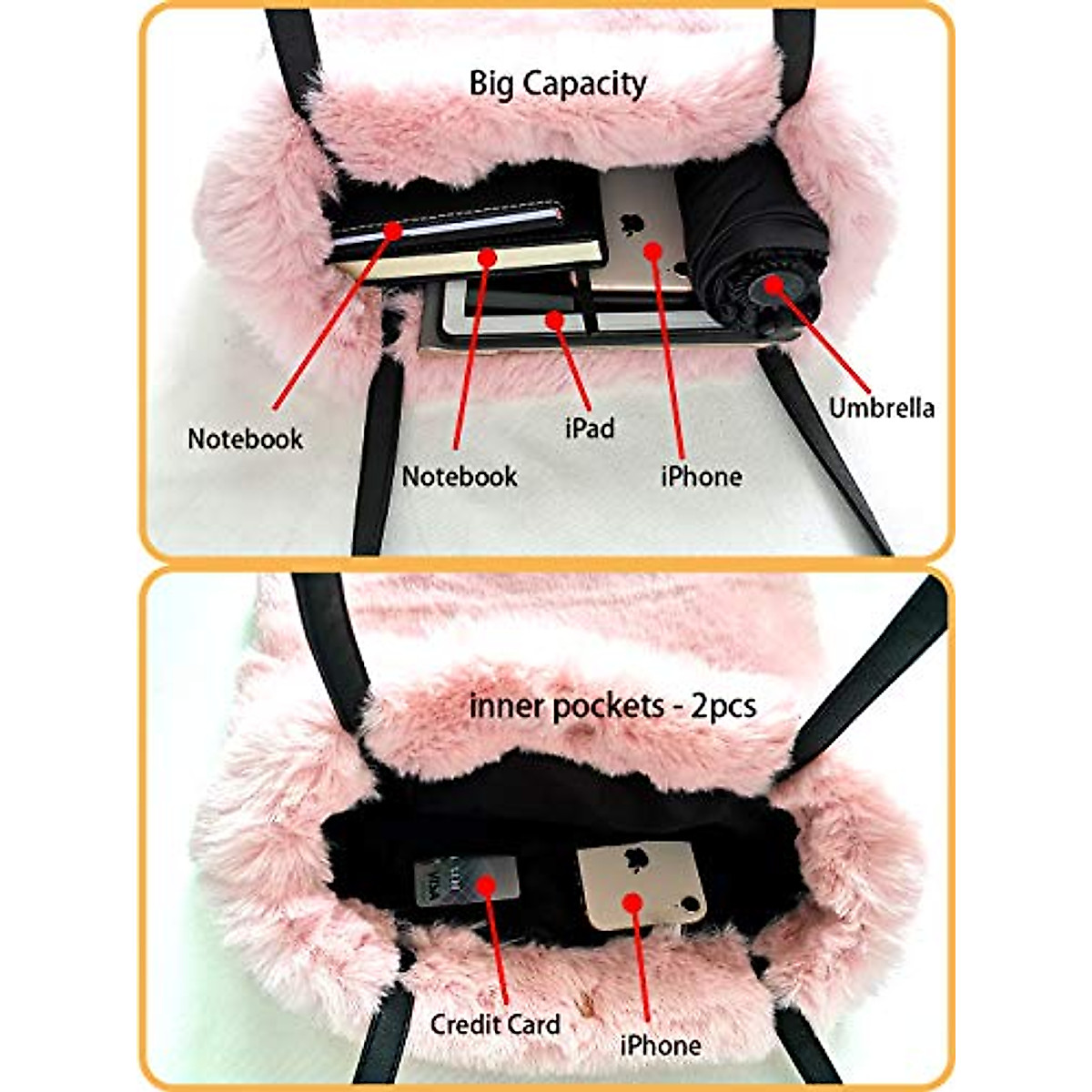 FHQHTH Faux Fur Tote Bag Fluffy Shoulder Bags for Women Fuzzy Handbag Evening Bags Big Capacity [Dark Pink, Magnet]