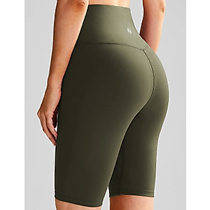 ZUTY 10"/ 5" Biker Shorts Women High Waisted with 2 Hidden Pockets Workout Athletic Running Yoga Long Shorts Army Green M