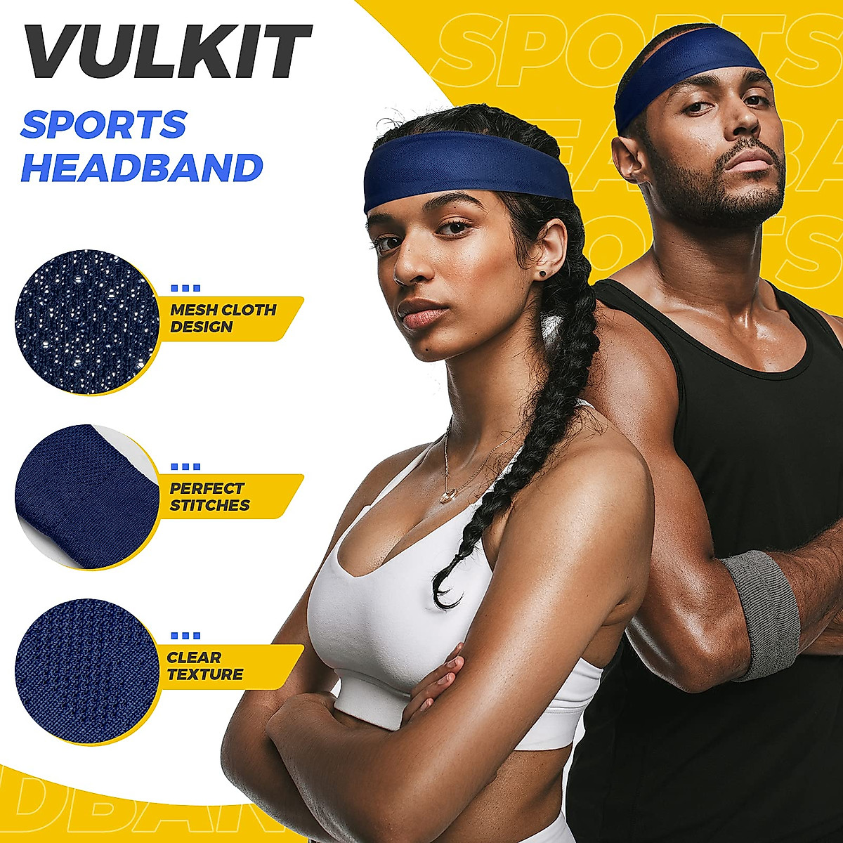 VULKIT 3 Pack Sports Headband for Men or Women, Non-Slip Head Band Stretchy Moisture Wicking Sweatbands(Navy,Blue,Dark Grey)