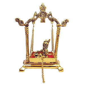 KridayKraft Laddu Gopal on Jhulla Palana Metal Statue Gold Plated Decor Your Home,Office Metal Krishna Murti,Showpiece Figurines,Religious Idol Gift Article.