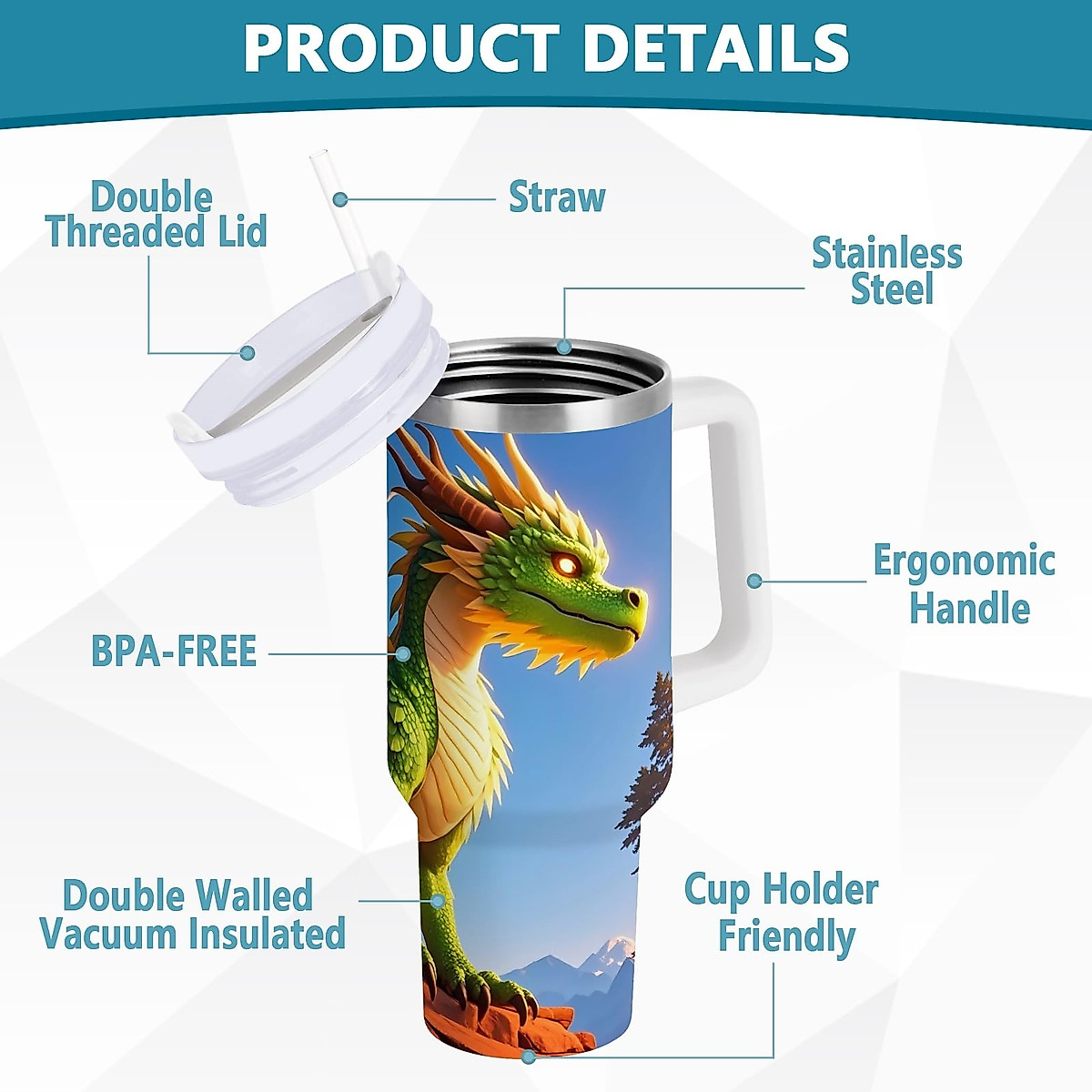 Nexawaveo Cold Cup Dragon under Sky XL Insulated Tumbler with Handle Lid Straw 30-40 oz Reusable Cupholder Friendly Water Bottle