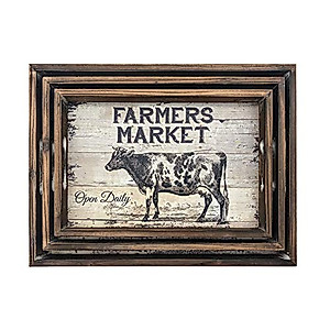 DeliDecor Large Decorative Serving Trays with Handle, Set of 3 Nesting Rustic Wooden Organizer Distressed Farmers Market Farmhouse Decor with Cow Pattern, Coffee Food Platters, Open Daily 17"x12.5"