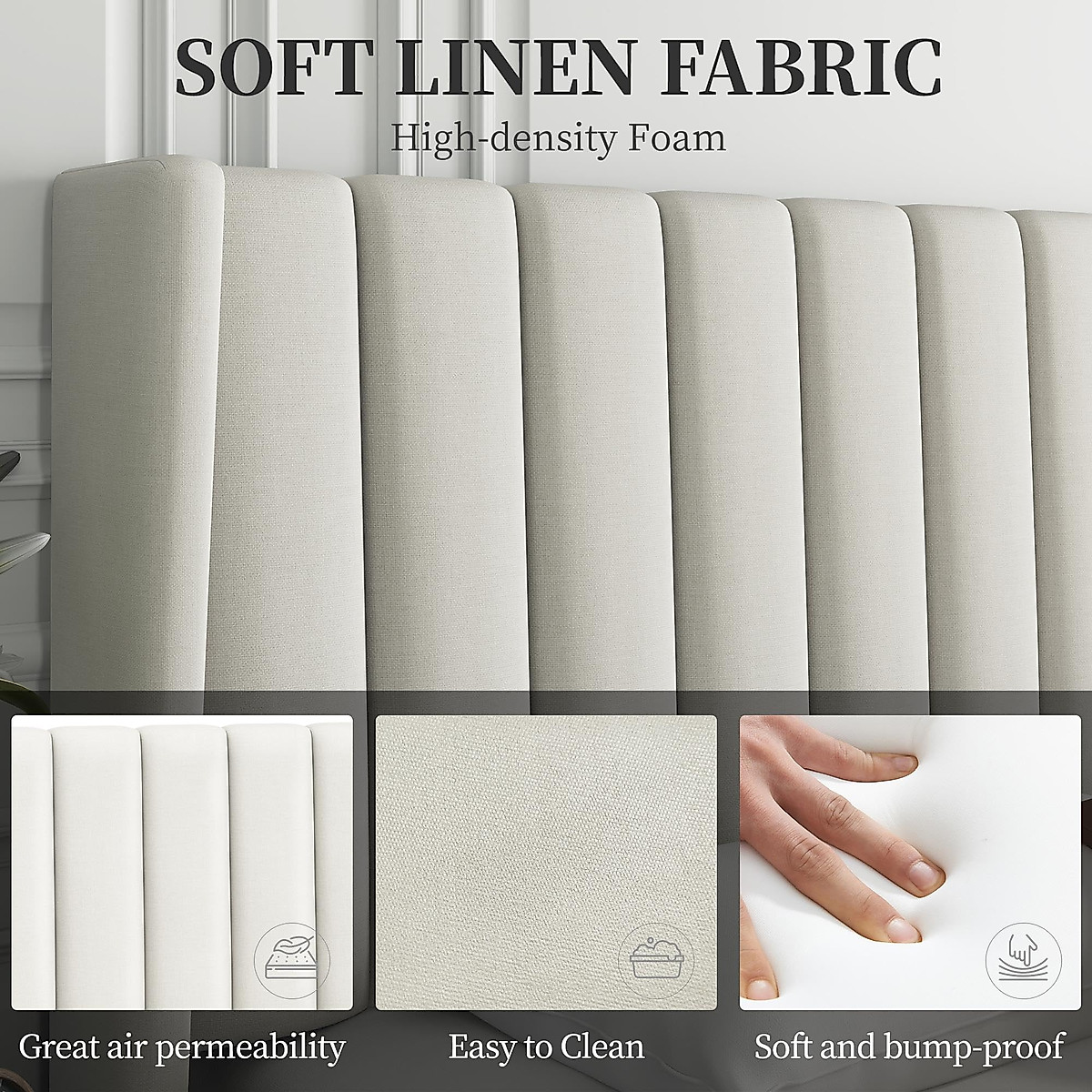 Yaheetech King Bed Frame Upholstered Platform Bed with Fabric Headboard, Wing Edge Design/Non-Slip and Noise-Free/Wooden Slats Support/No Box Spring Needed/Easy Assembly, Beige King Bed